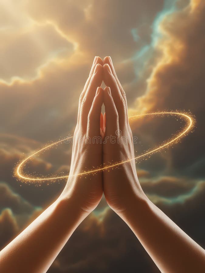 Peaceful Hands Joined in Prayer Amidst an Enchanting Celestial Backdrop ...