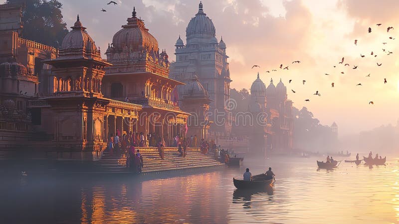 A Peaceful Hindu Temple on the Banks of the Ganges River, with Devotees ...
