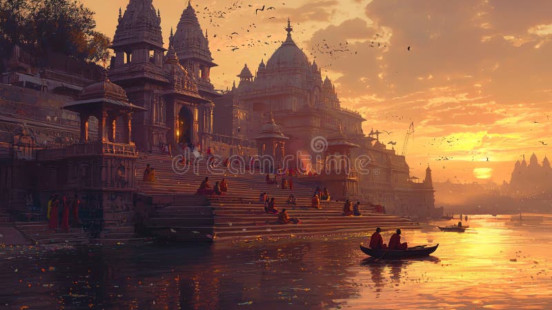 A Peaceful Hindu Temple on the Banks of the Ganges River, with Devotees ...