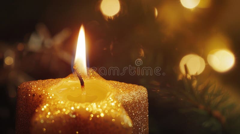 A Peaceful Image of a Lit Candle in Front of a Christmas Tree. Suitable ...