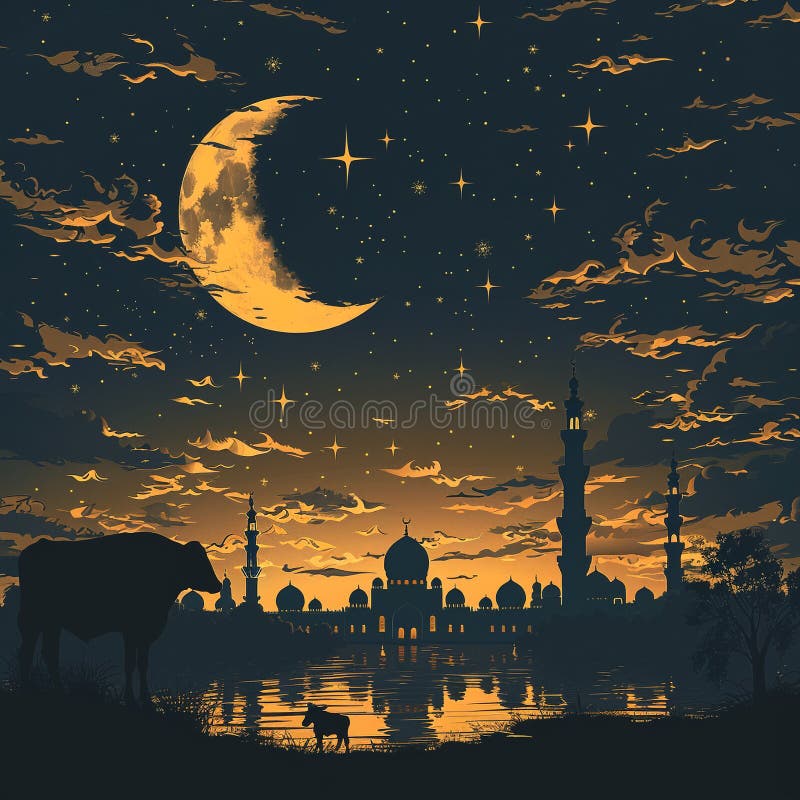 Peaceful Islamic Mosque at Night Under a Crescent Moon Stock ...