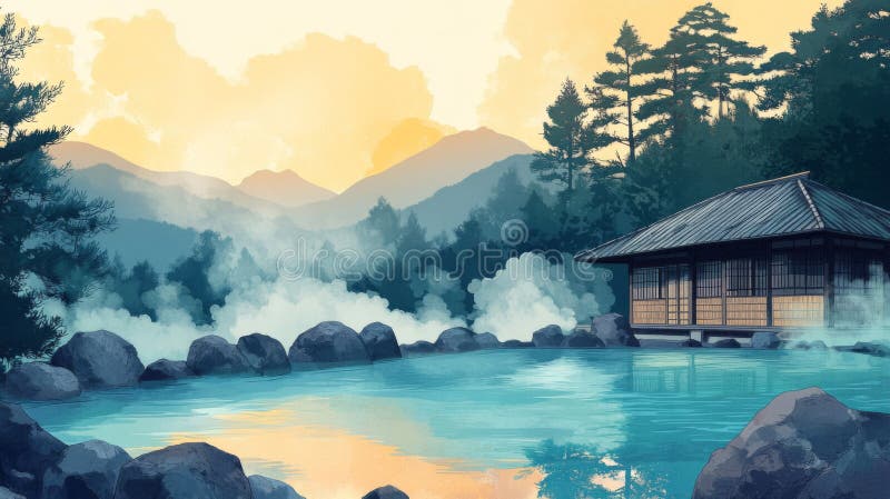 Peaceful Japanese Hot Spring at Sunrise Stock Illustration ...