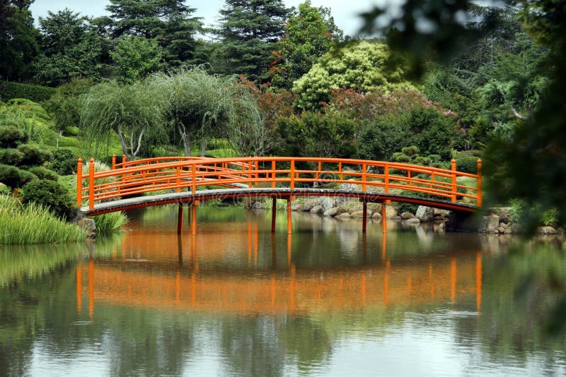 Peaceful Japanese Style Bridge with Reflections Stock Image - Image of ...