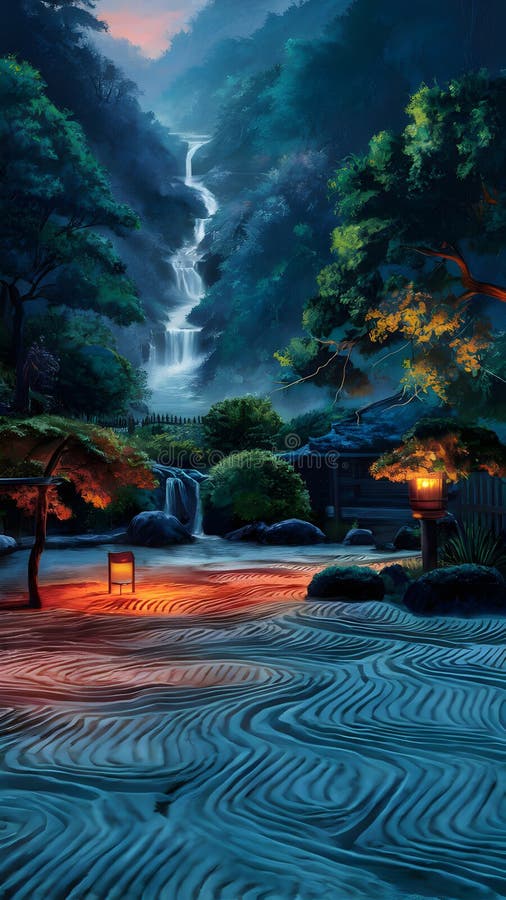 Peaceful Japanese Zen Garden at Dusk with Stone Lantern and Waterfall ...