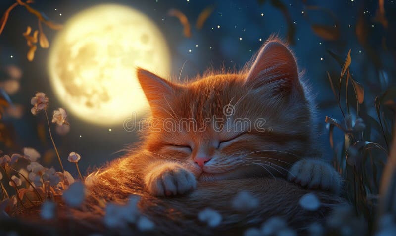 Peaceful Kitten Sleeping Under Full Moon Glow Stock Image - Image of ...