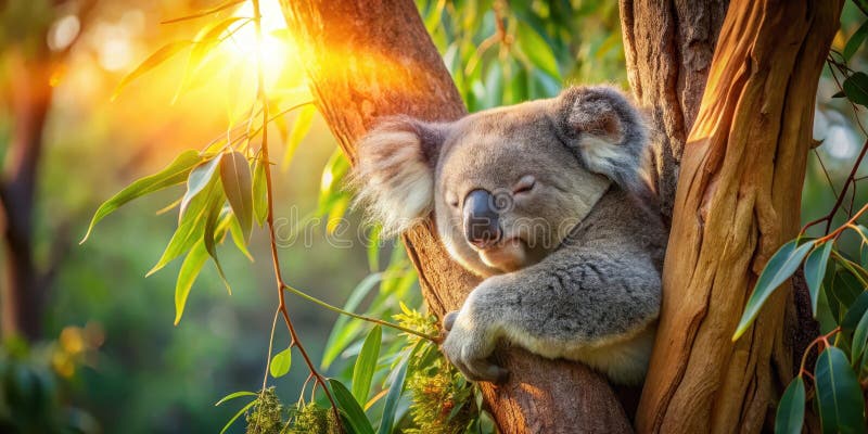 Peaceful Koala Resting in Sunlight on Eucalyptus Tree Branch ...