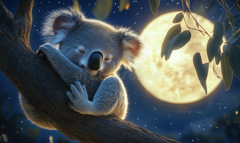 Peaceful Koala Sleeping Under Full Moon Night Stock Photo - Image of ...