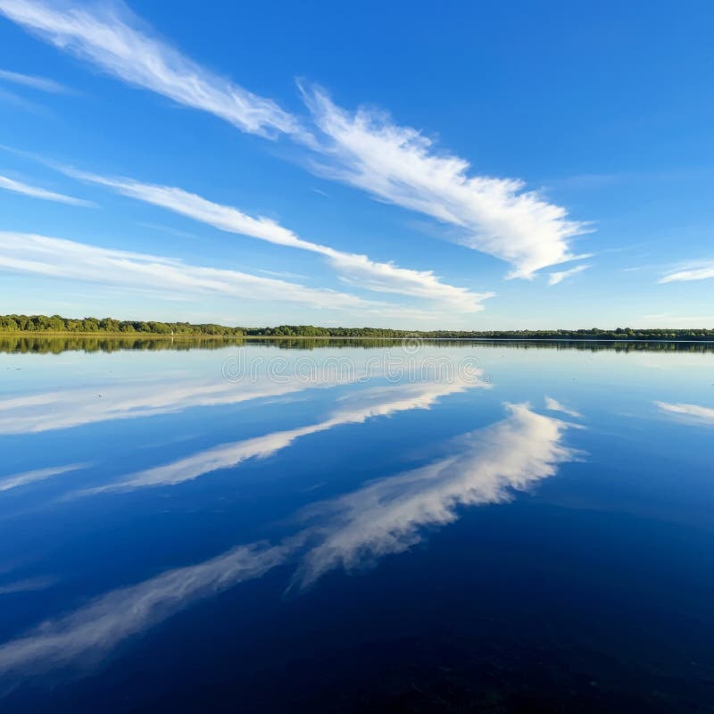 Peaceful Lake Reflection of Blue Sky and White Clouds Stock ...