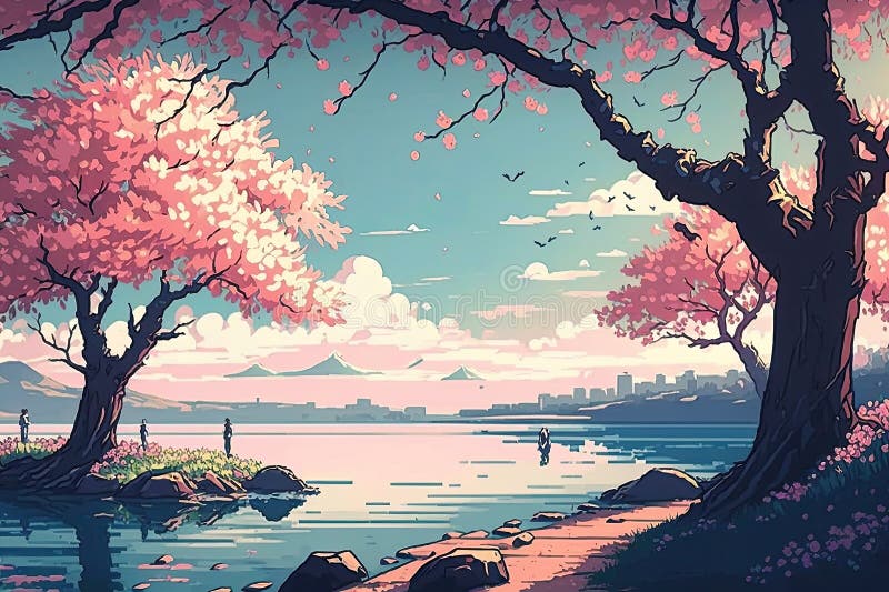 Peaceful Lakeside with Cherry Blossom Trees. Generative AI Stock ...