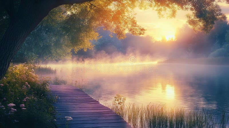 A Peaceful Lakeside Walk at Dawn, Mist Rising from the Water. Pic Stock ...