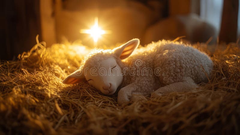 A Peaceful Lamb Sleeping on Hay, Illuminated by Warm Light in a Cozy ...