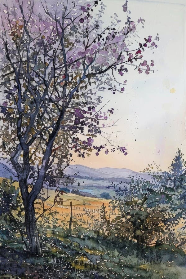 Peaceful Landscape Watercolor Painting with Tree at Sunset Stock Photo ...