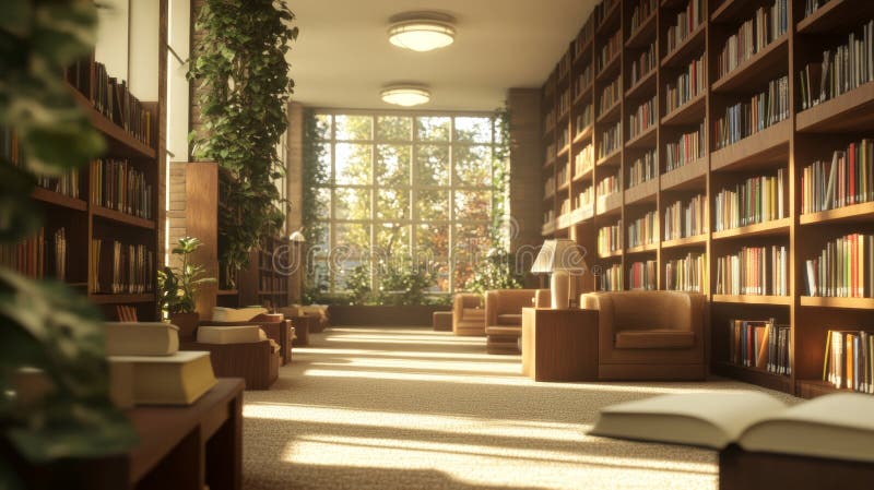 Peaceful Library with Rows of Books and Natural Light Stock Photo ...