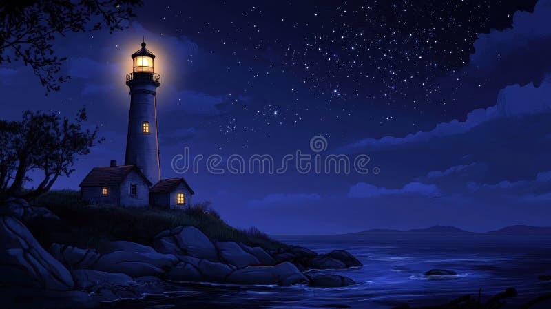 Peaceful Lighthouse Illuminated Under a Starry Night Sky Stock ...