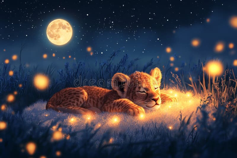 Peaceful Lion Cub Asleep in a Field Illuminated by Moonlight Dreamy ...