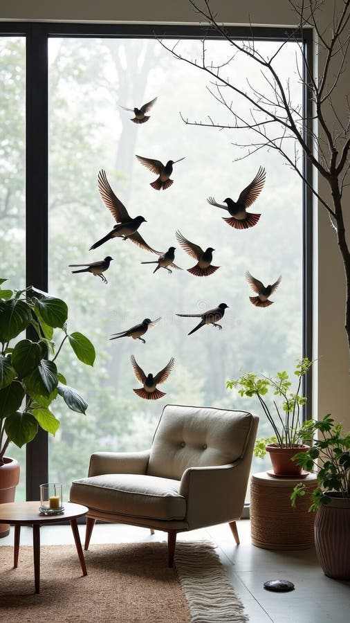 Peaceful Living Room with Birds Flying by Large Window and Indoor ...