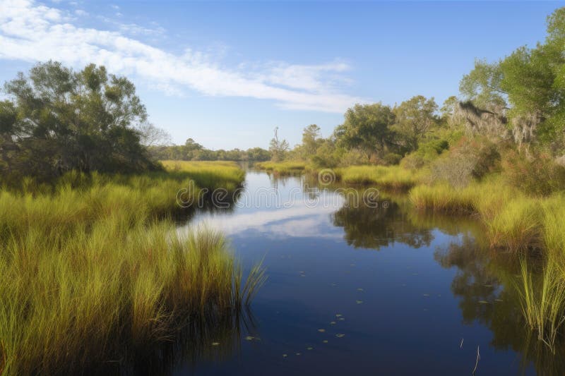 Peaceful Marsh, with Slow-moving Stream and Gentle Breeze Stock Image ...