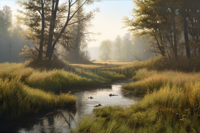 Peaceful Marsh, with Slow-moving Stream and Gentle Breeze Stock ...