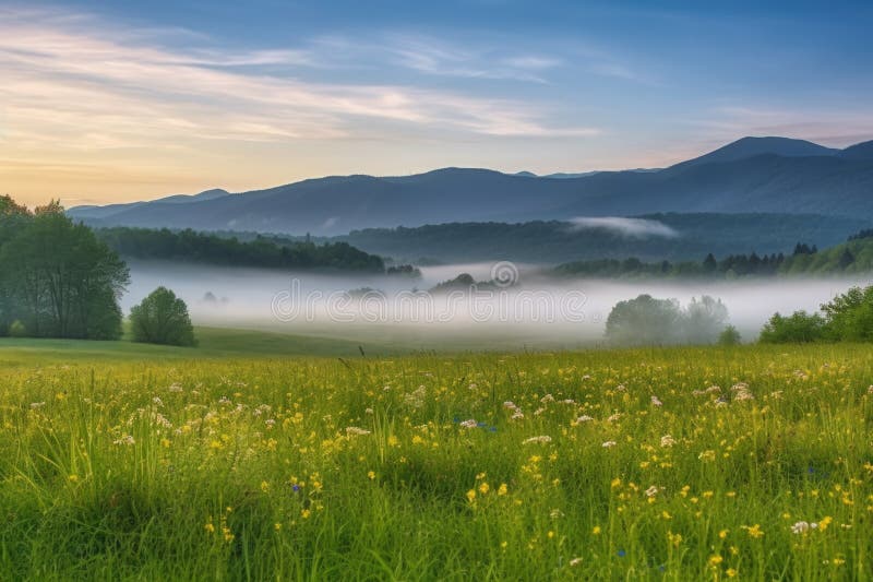 Peaceful Meadow Surrounded by Misty Mountains in the Distance Stock ...