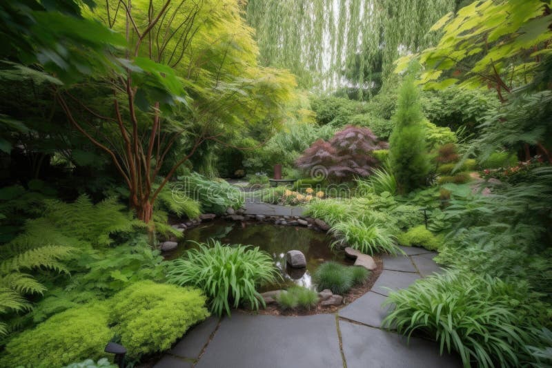 Peaceful Meditation Garden with Water Feature and Tall Trees Stock ...