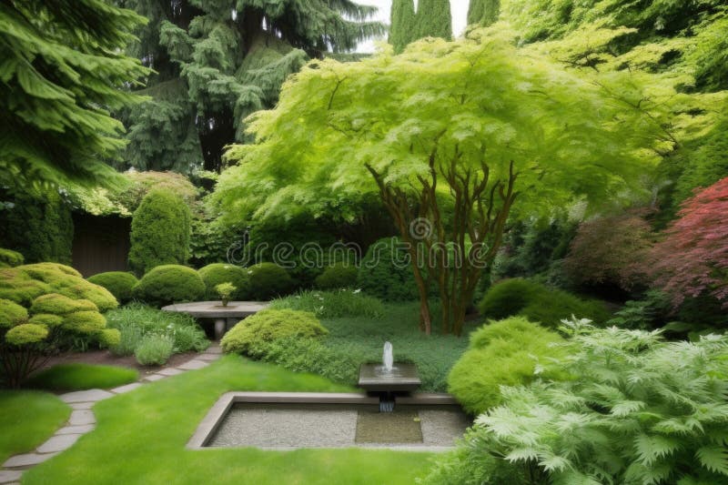 Peaceful Meditation Garden with Water Feature and Tall Trees Stock ...
