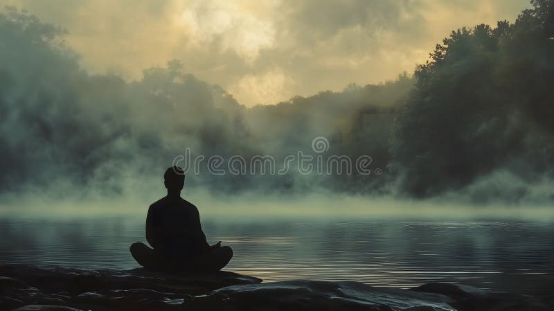 Peaceful Meditation by a Misty Lake at Sunrise Stock Illustration ...