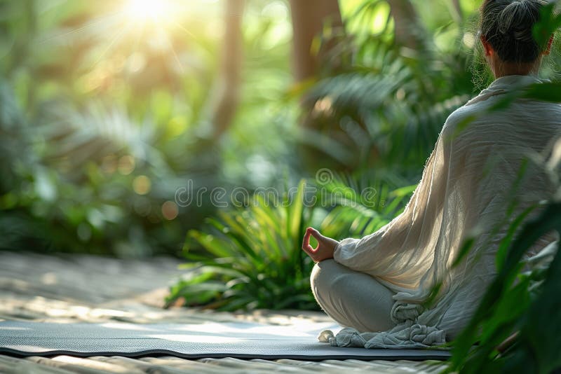 Peaceful Meditation in Nature with Sunlight through Trees Stock Photo ...