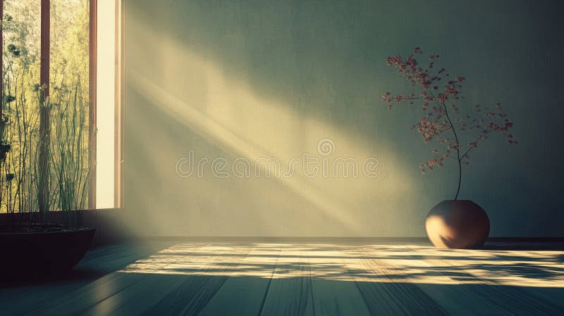 Peaceful Minimalist Room Interior with Sunlight and Plant Stock ...