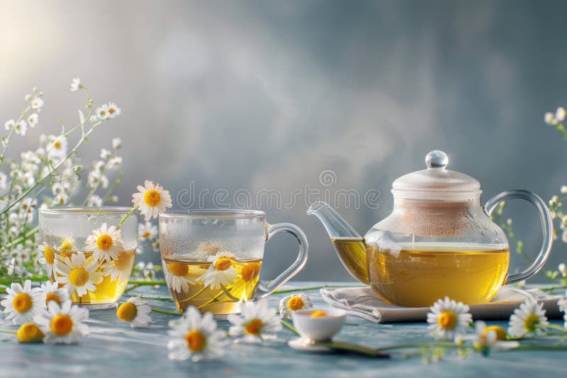 A Peaceful Moment with a Tea Pot and Two Cups of Chamomile Tea Stock ...