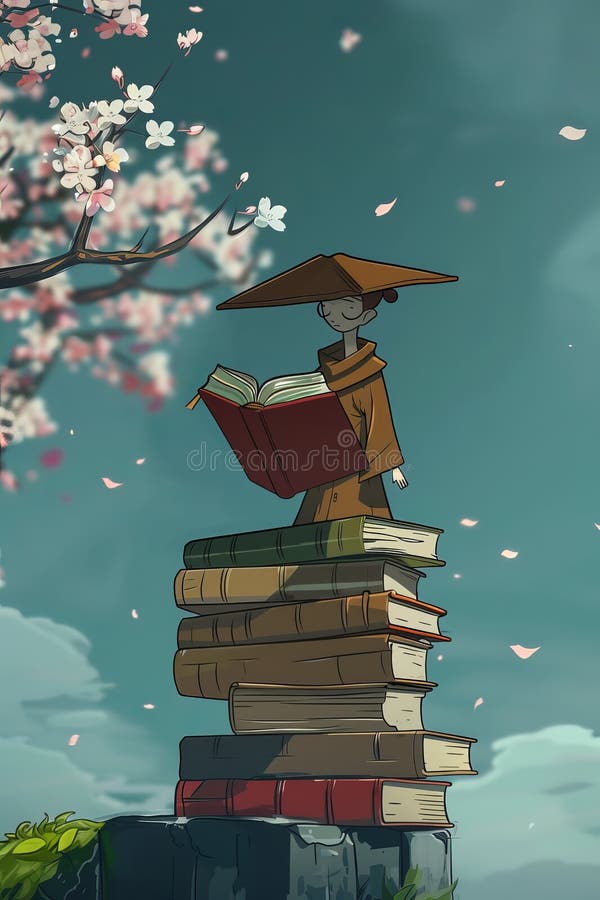 Peaceful Monk Reading on a Tower of Books Under Cherry Blossoms Stock ...