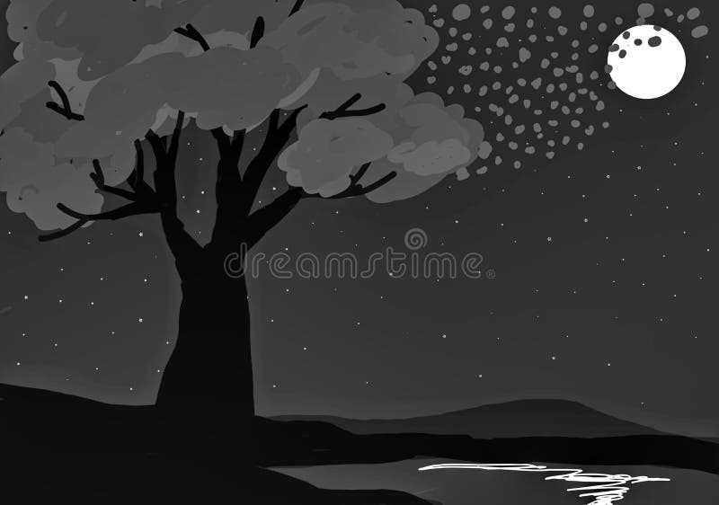 Peaceful Moon Night with Tree. Stock Illustration - Illustration of ...