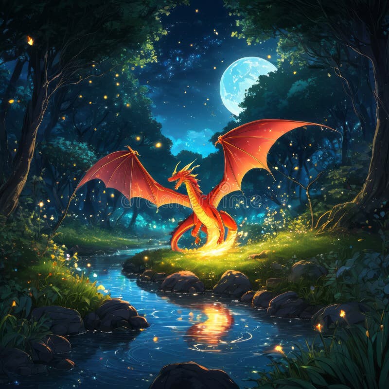 A Fire Breathing Dragon Drawing in a Tranquil Moonlit Glade with a ...
