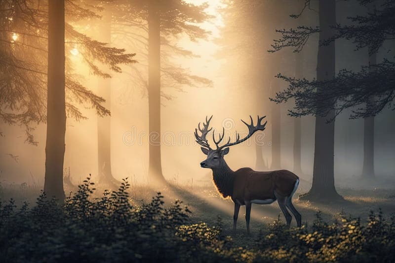 Peaceful Morning with Deer and Sunrise in the Forest Stock Image ...