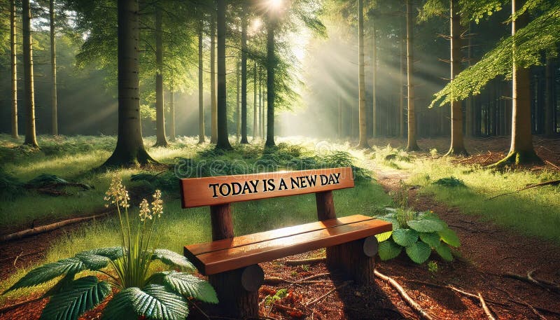 Peaceful Morning Forest Scene with Today is a New Day Message Stock ...