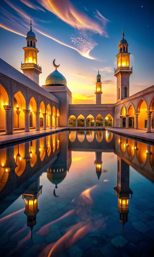 Peaceful Mosque Courtyard with Lanterns, Moonlight, and Reflections in ...