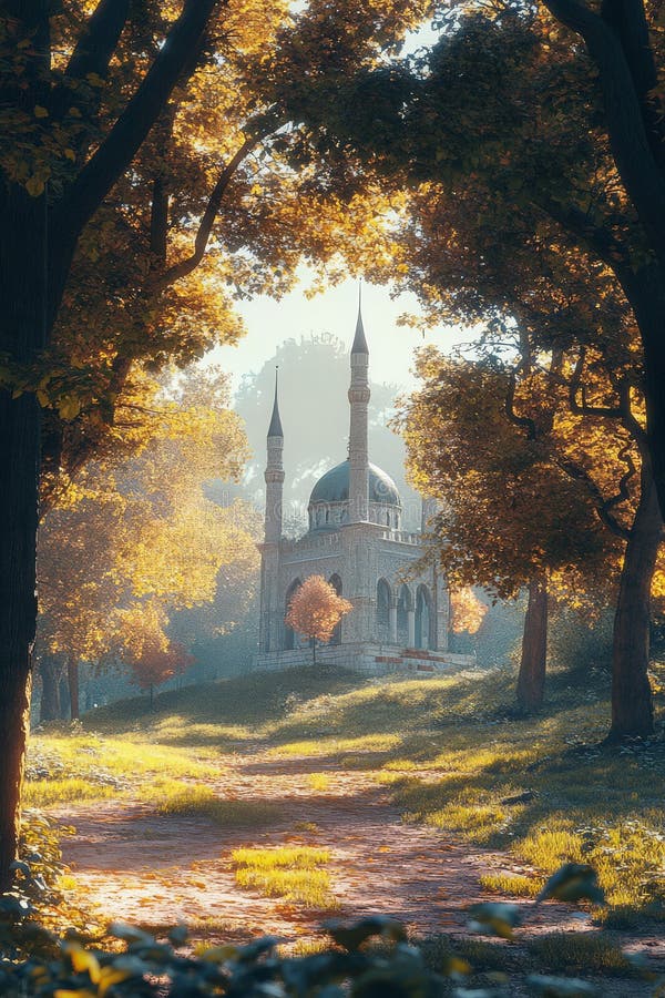 Serene Mosque among Ancient Trees Stock Illustration - Illustration of ...