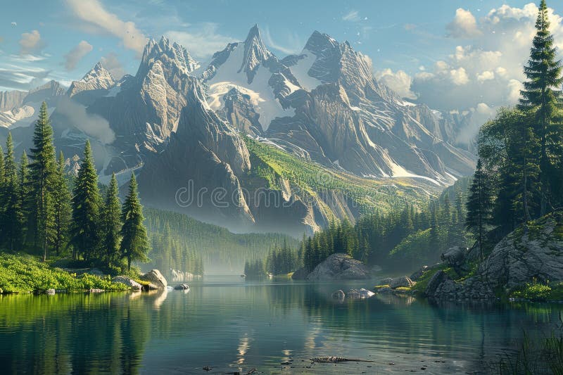 A Peaceful Mountain Lake Surrounded Generated by AI Stock Illustration ...