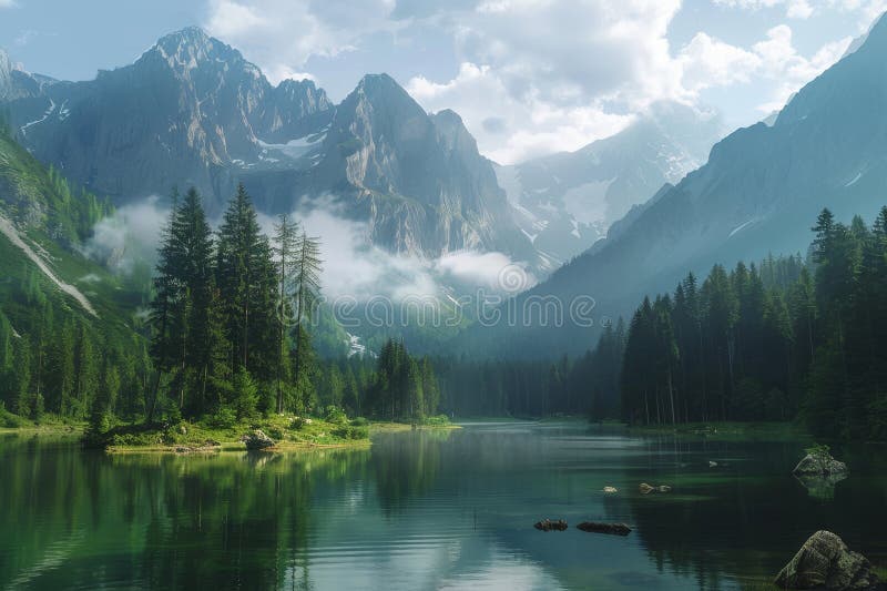 A Peaceful Mountain Lake Surrounded Generated by AI Stock Illustration ...