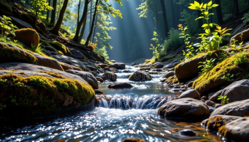 A Peaceful Mountain Stream Surrounded by Mossy Rocks and Towering Trees ...