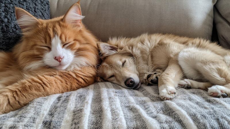 Peaceful Naptime: a Fluffy Cat and Dog Snuggle on a Sofa Stock ...