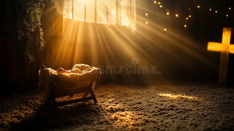 Peaceful Nativity Scene Featuring an Empty Wooden Cradle, Cross, and ...