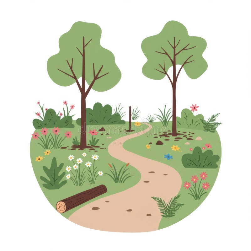 Peaceful Nature Path Illustration with Green Trees and Flowers Stock ...