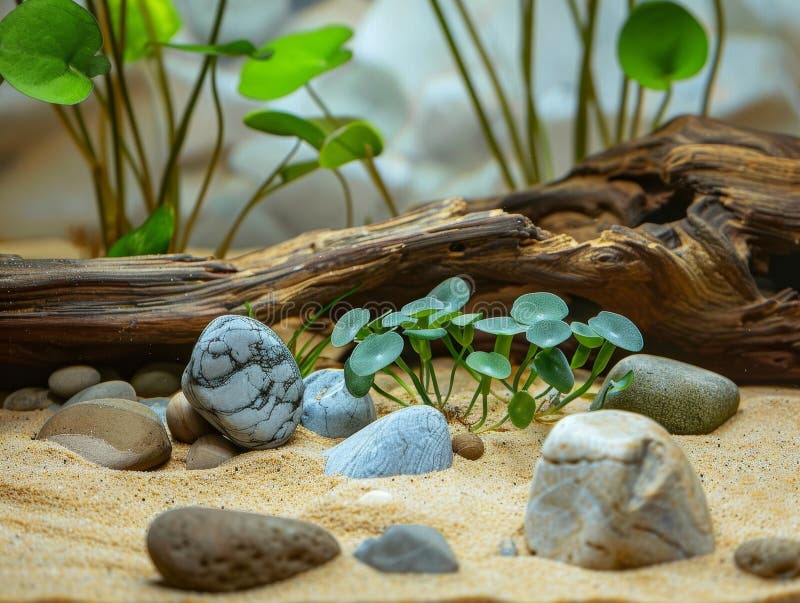 Peaceful Nature Scene with Rocks, Plants, and Driftwood Stock ...