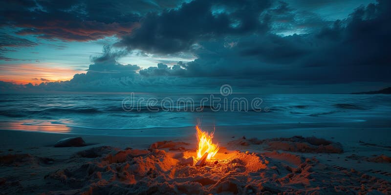 Peaceful Night Beach Scene with a Small Fire, Gathering Place, with ...