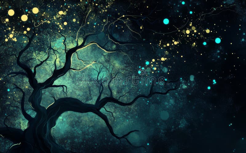 In a Peaceful Nighttime Setting, a Digital Tree Illuminated by Vibrant ...