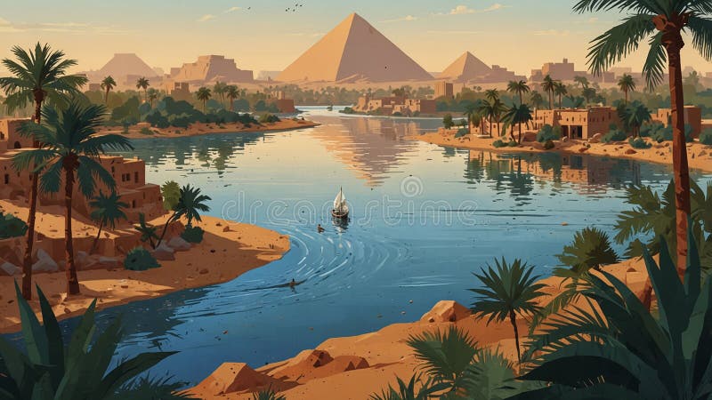 Peaceful Nile River Scene with Ancient Egyptian Pyramids and Lush Palm ...