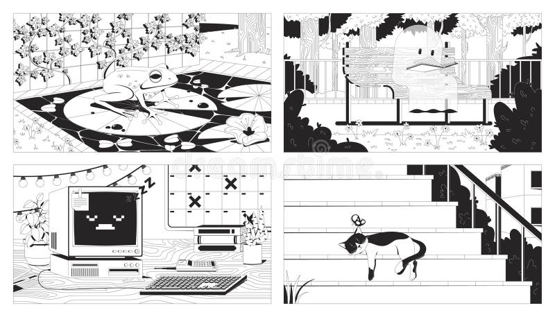 Peaceful and Nostalgic Lofi Illustrations Outline Set Stock ...