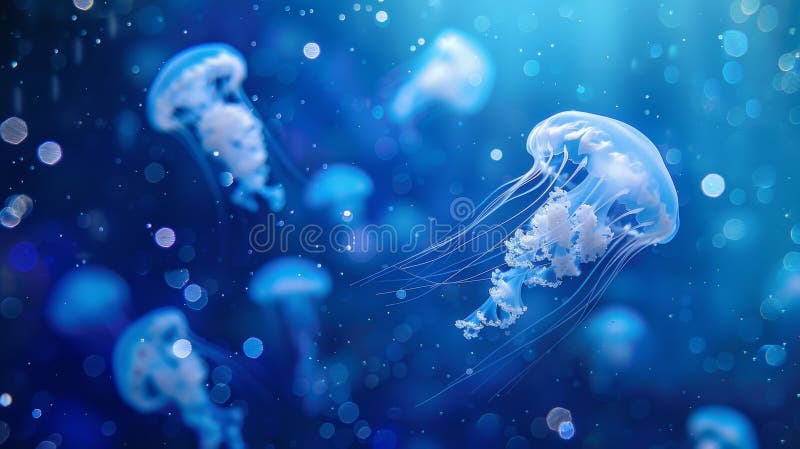A Peaceful Ocean Scene with a Cloud of Jellyfish Moving Gracefully ...