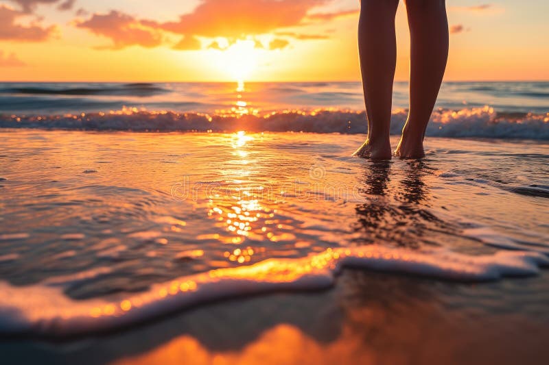 Peaceful Ocean Sunset Reflection. Woman on the Beach. Stock ...