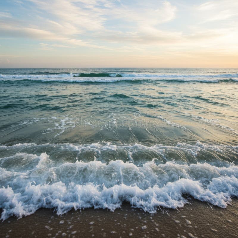 Peaceful Ocean Waves at Sunset Beach Stock Illustration - Illustration ...